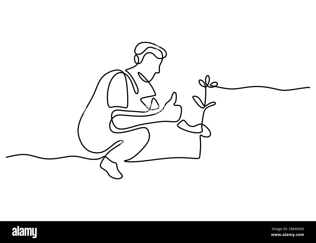 Man panting a plant and growing continuous one line art drawing style ...