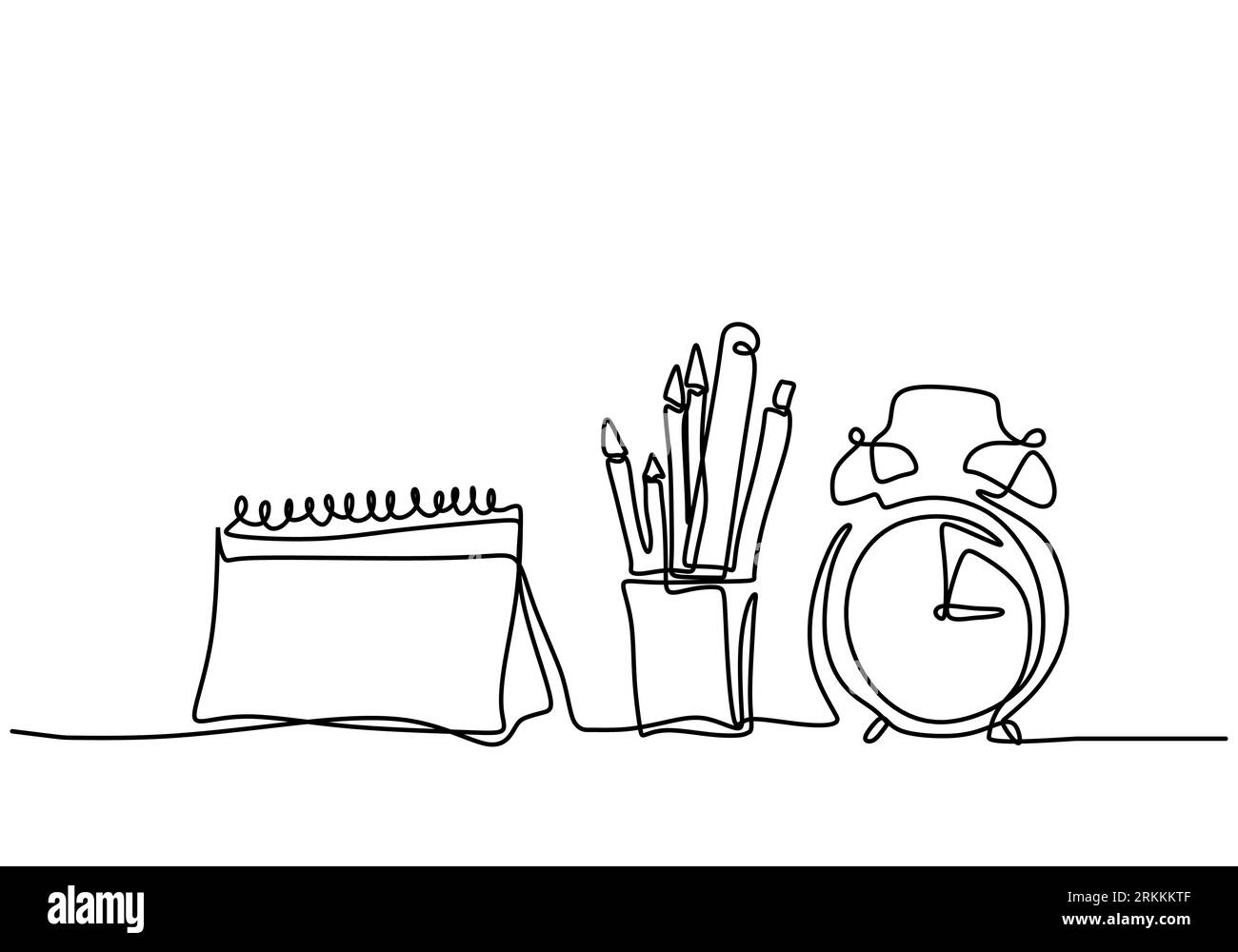 One continuous line drawing of alarm clock with book, pencil, pen ...