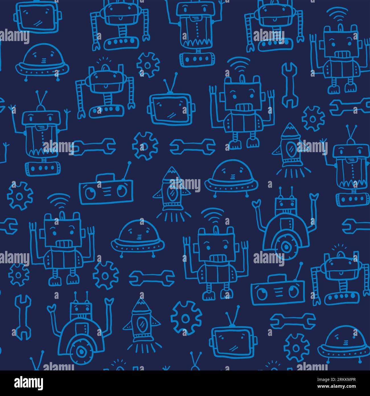 Hand drawn robots seamless pattern on dark blue background. Abstract seamless robot pattern for ...