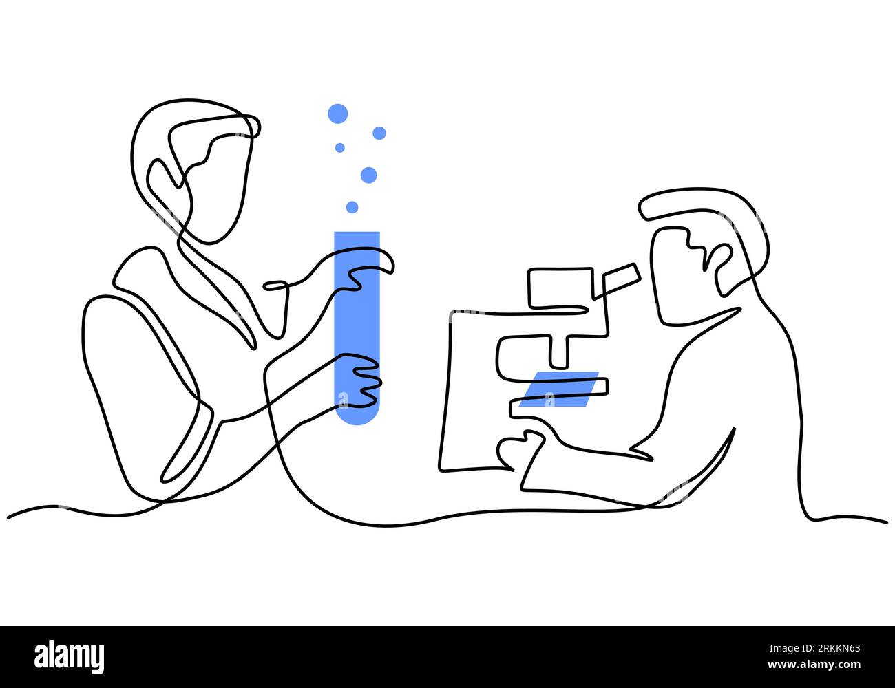 Continuous single line drawing of two male scientist doing experiment ...