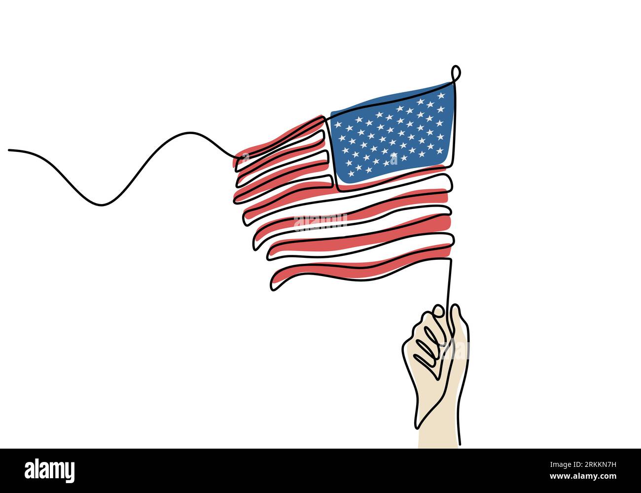 One continuous single line drawing of hand holding American flag ...