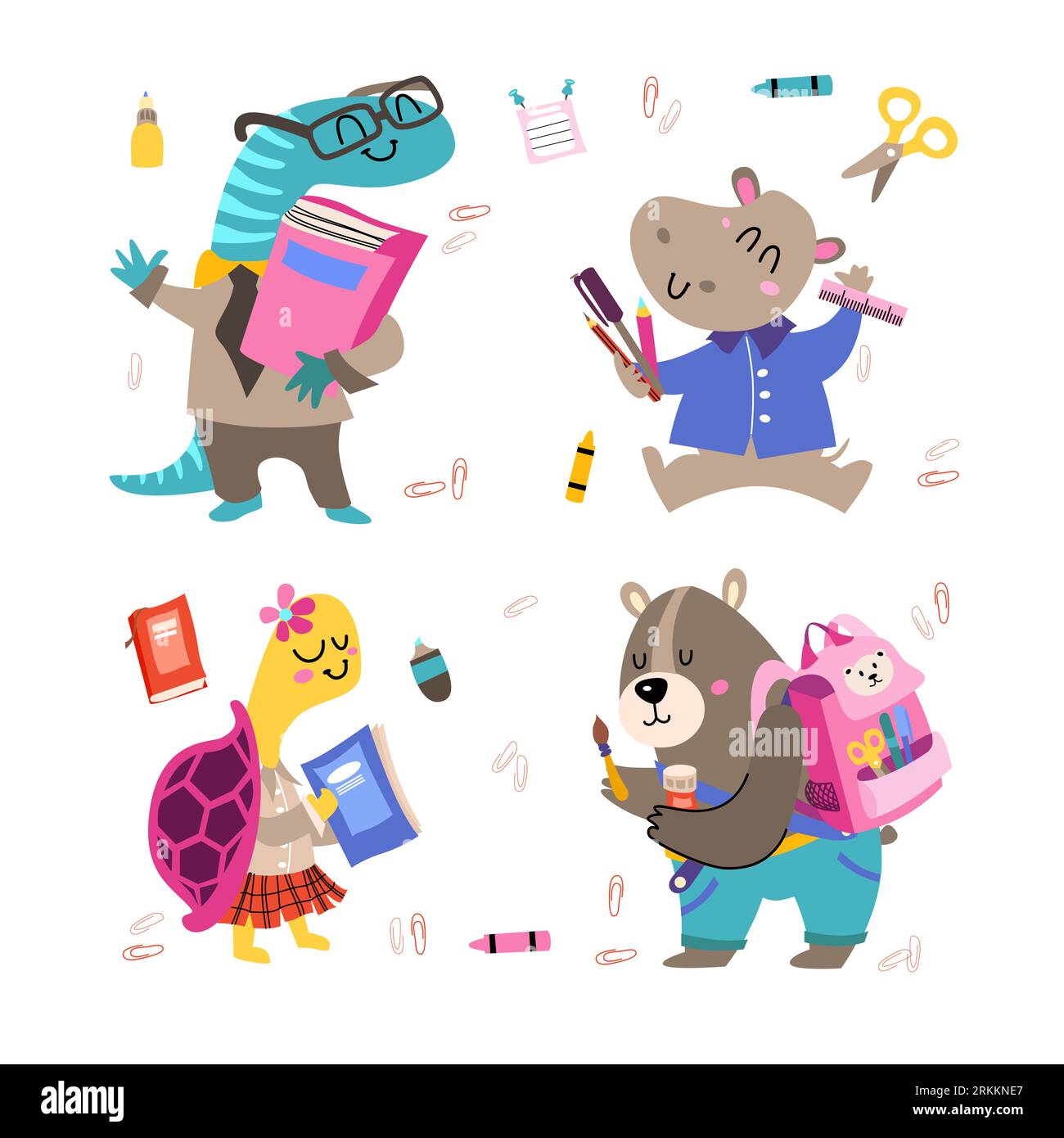 Back to school Animals cartoon set. Vector illustration Flat style ...