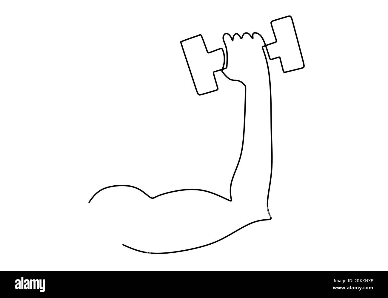 Continuous one line drawing athletic sportsman arm holding dumbbell. Barbell and strong hand ...