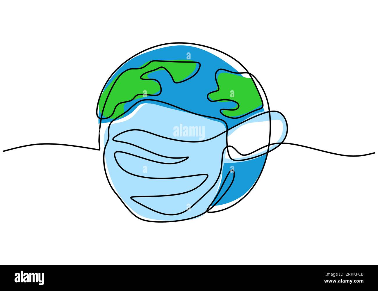 One continuous line drawing of Earth with virus protection mask ...