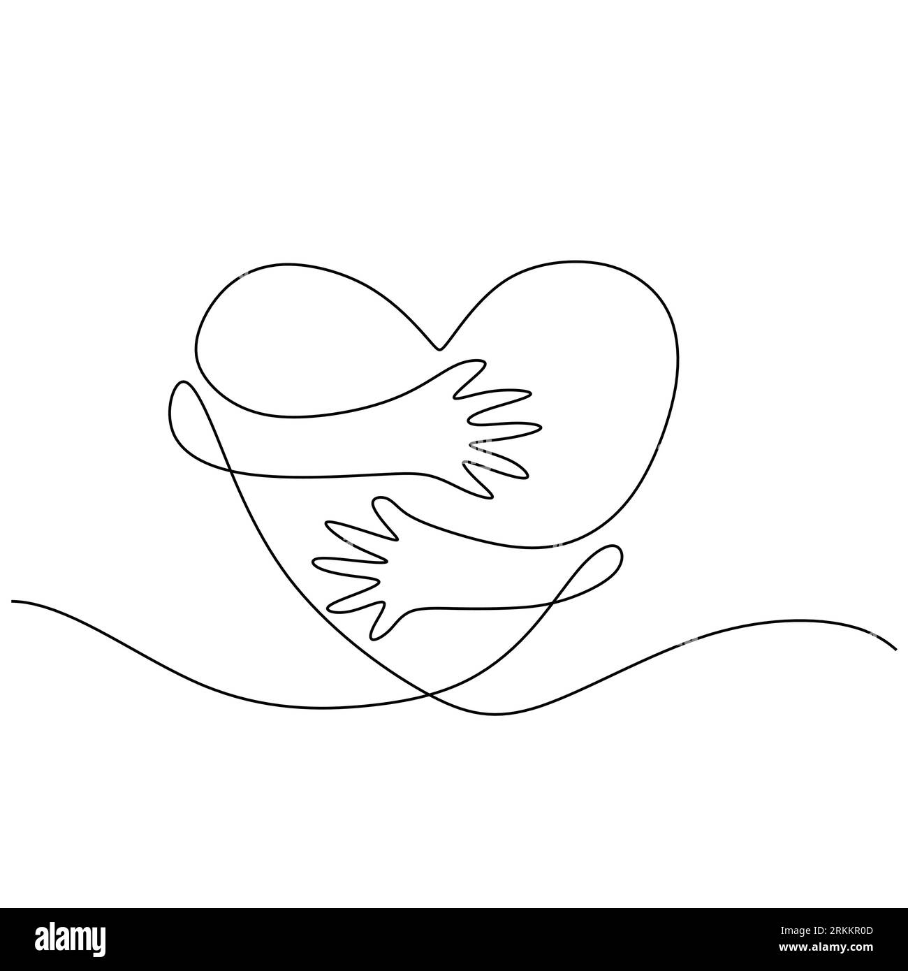 heart symbol with hand embrace line drawing. Minimal contour line art ...