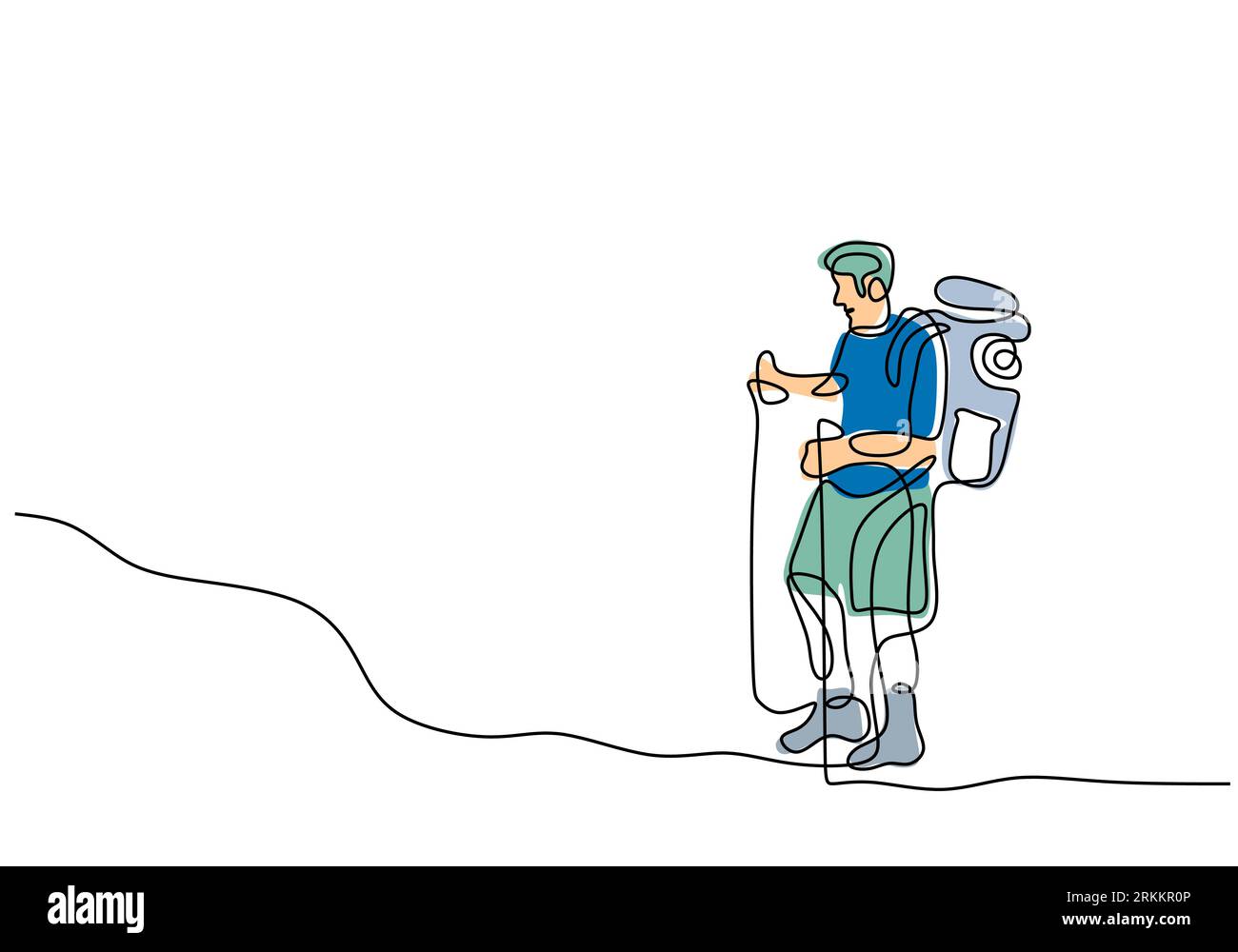 Continuous line drawing people hiking on mountain. Man climb a peak of ...