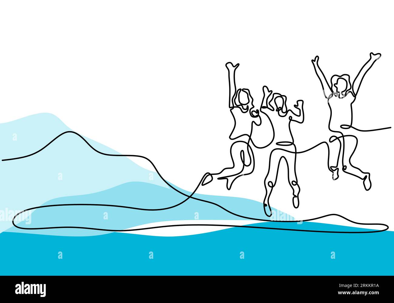 Continuous line drawing people jump. Happy group of female. Young women ...