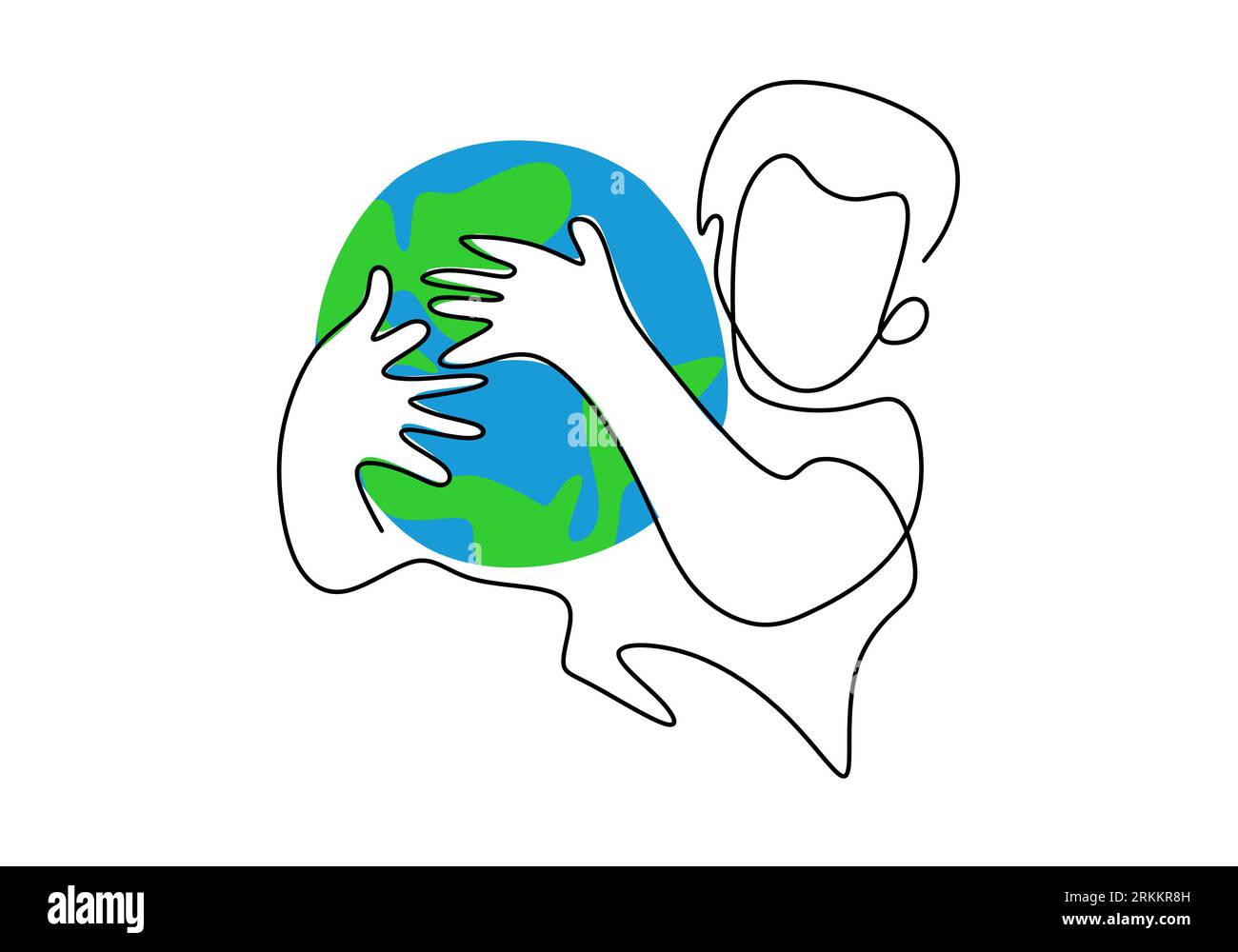 Continuous one line drawing of little child holding Earth globe ...