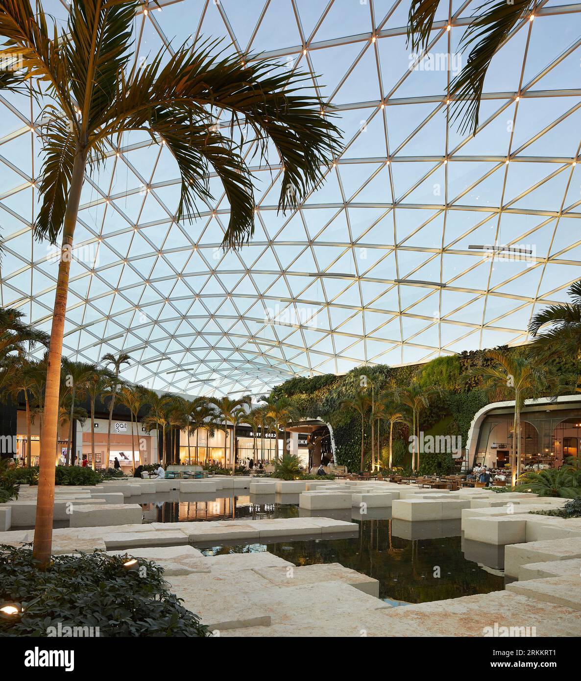 The Gardens with skylight and water feature. 360 Mall, Kuweit City, Kuwait. Architect: CRTKL ...