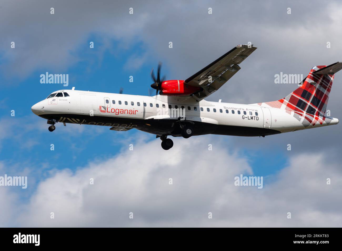 Loganair ATR ATR-72-600 turboprop airliner plane G-LMTD on finals to ...