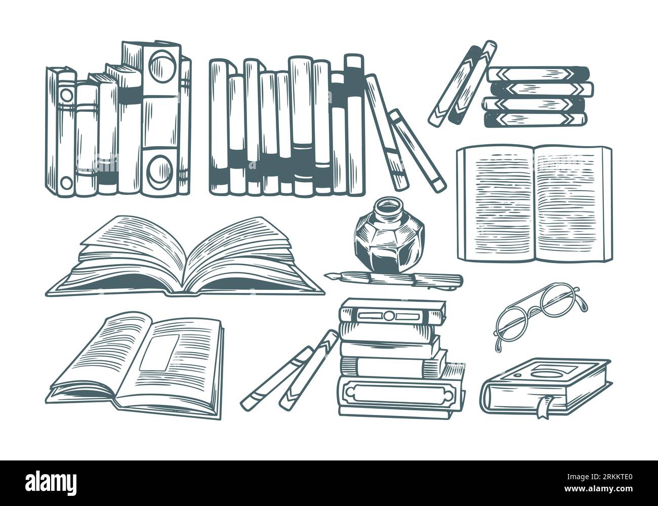 Book vintage hand drawn library with engraving drawing set isolated on ...