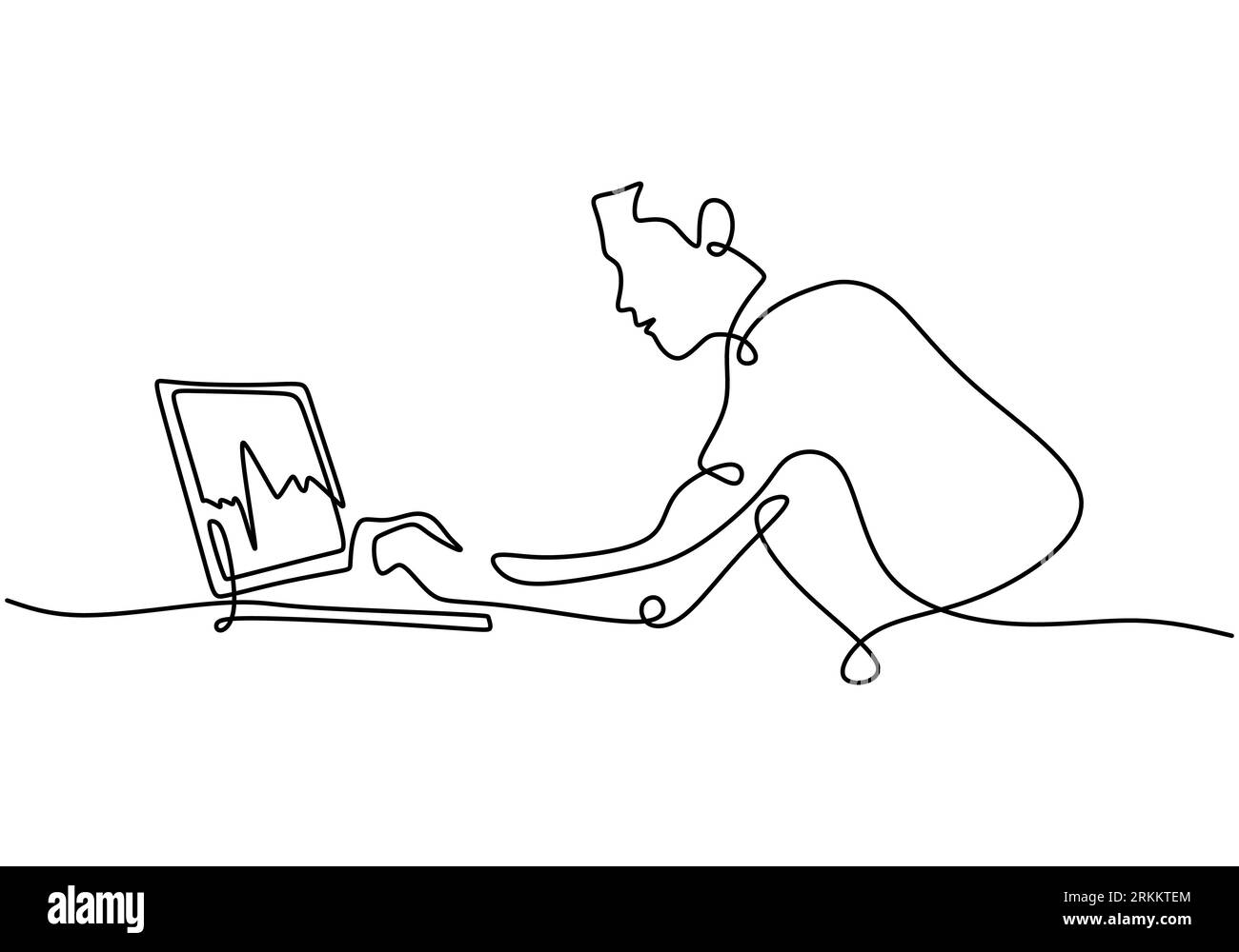 continuous line drawing of man sitting with laptop computer. Young ...
