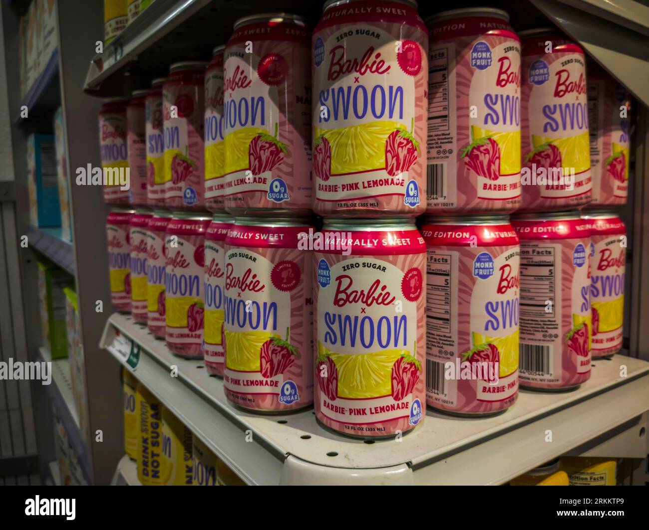 Cans of Swoon brand Barbie themed pink lemonade, monk-fruit sweetened ...