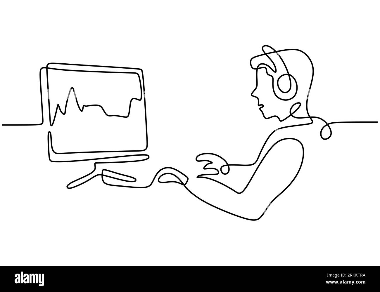 continuous line drawing of man sitting with laptop computer. Young ...