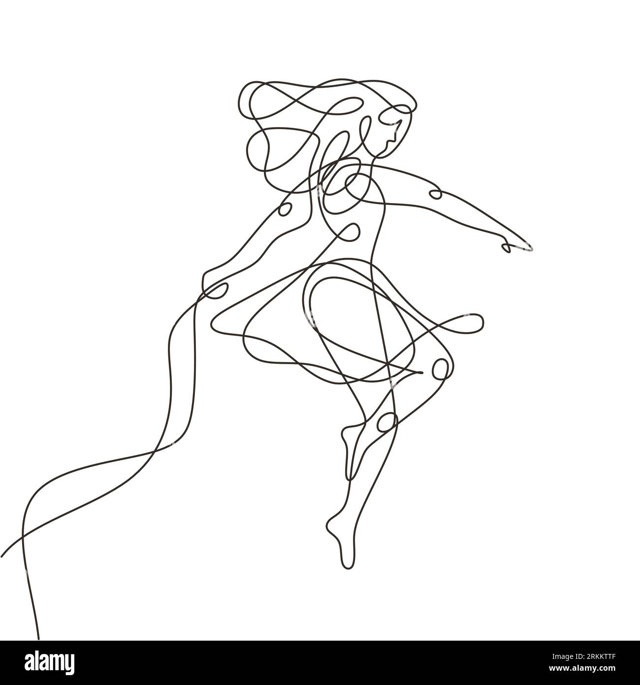 Young woman jump continuous one line drawing. Minimalist female girl ...