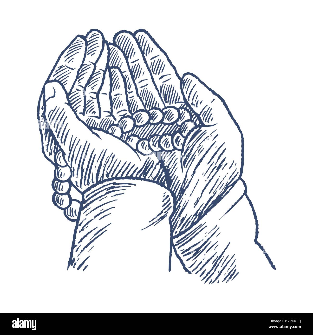 Praying hands with rosary, hand drawn vintage engraving sketch vector illustration. A human ...