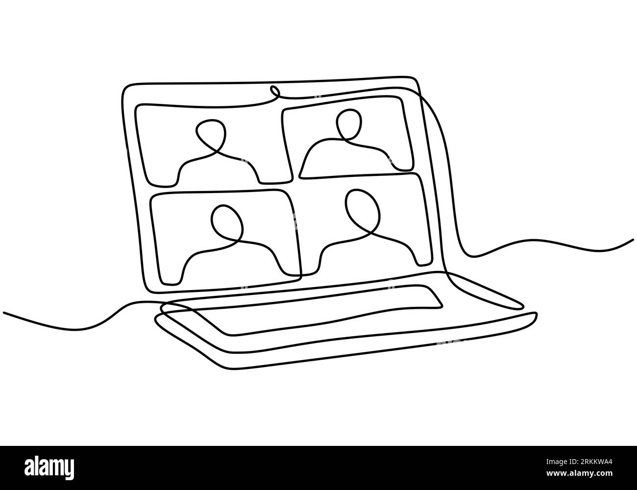 Continuous one line drawing of laptop on the desk with some people on ...