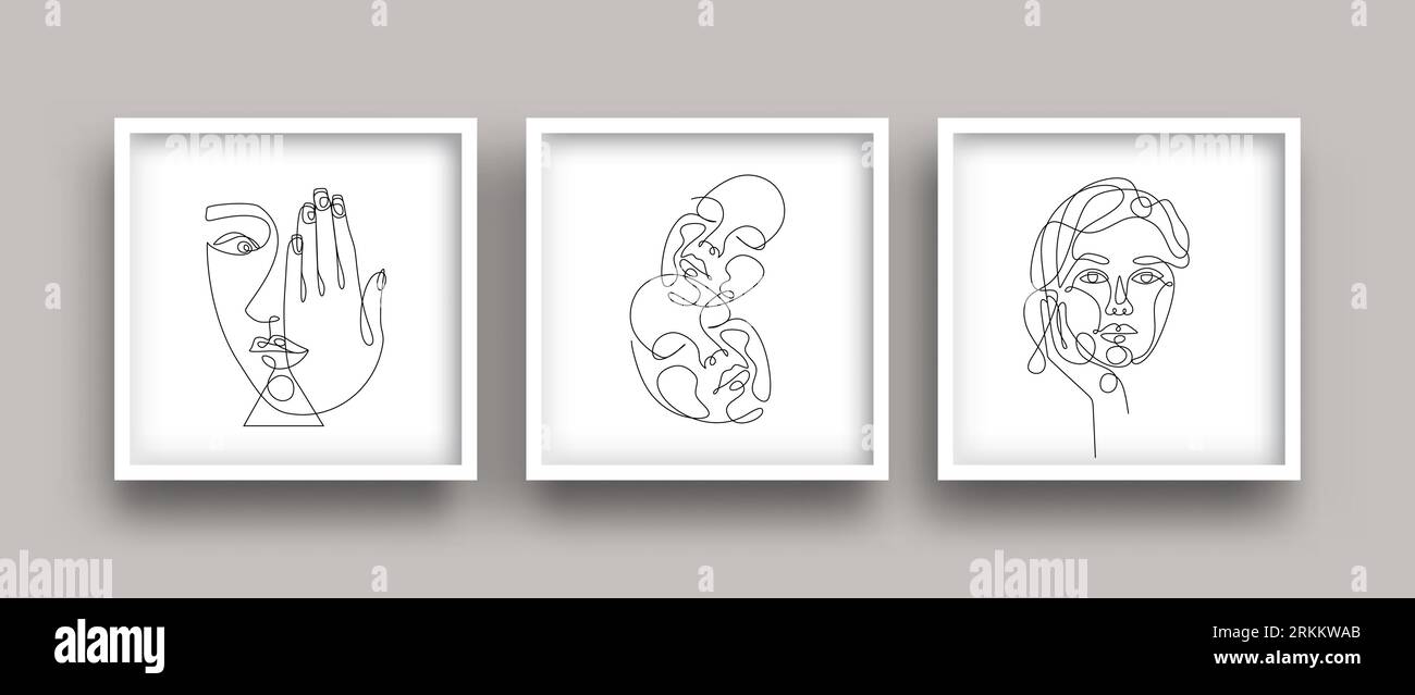 Abstract one line drawing of woman face poster set. Aesthetic line art ...