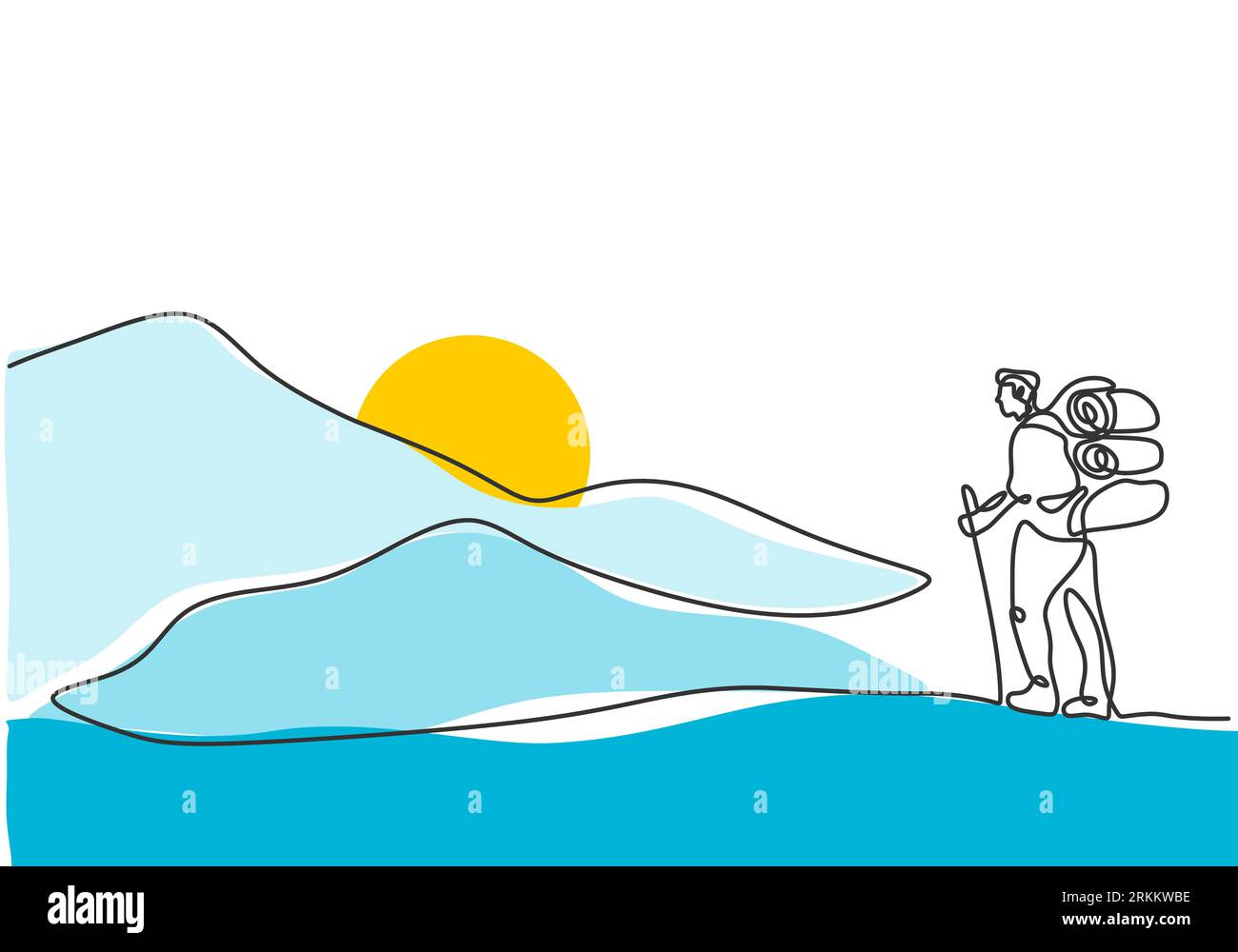 Continuous line drawing people hiking on mountain. Man climb a peak of ...