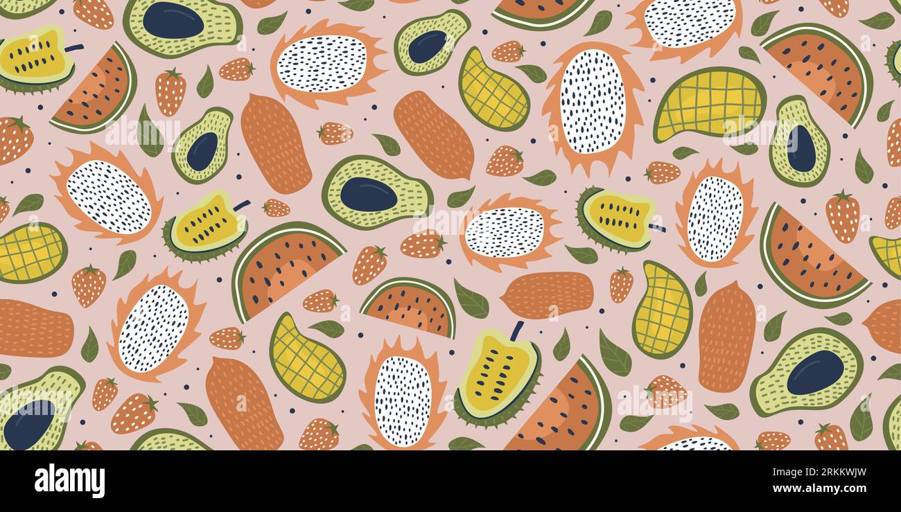 Seamless pattern with fruits drawing and leaves. Exotic fruit seamless ...