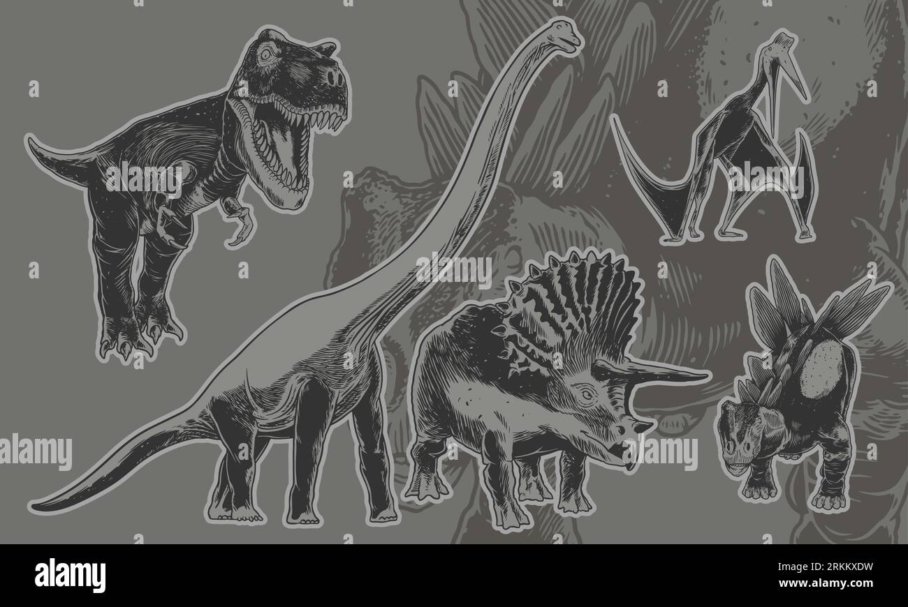 Vintage set of dinosaurs with Triceratops, Stegosaurus, Pterosaur ...