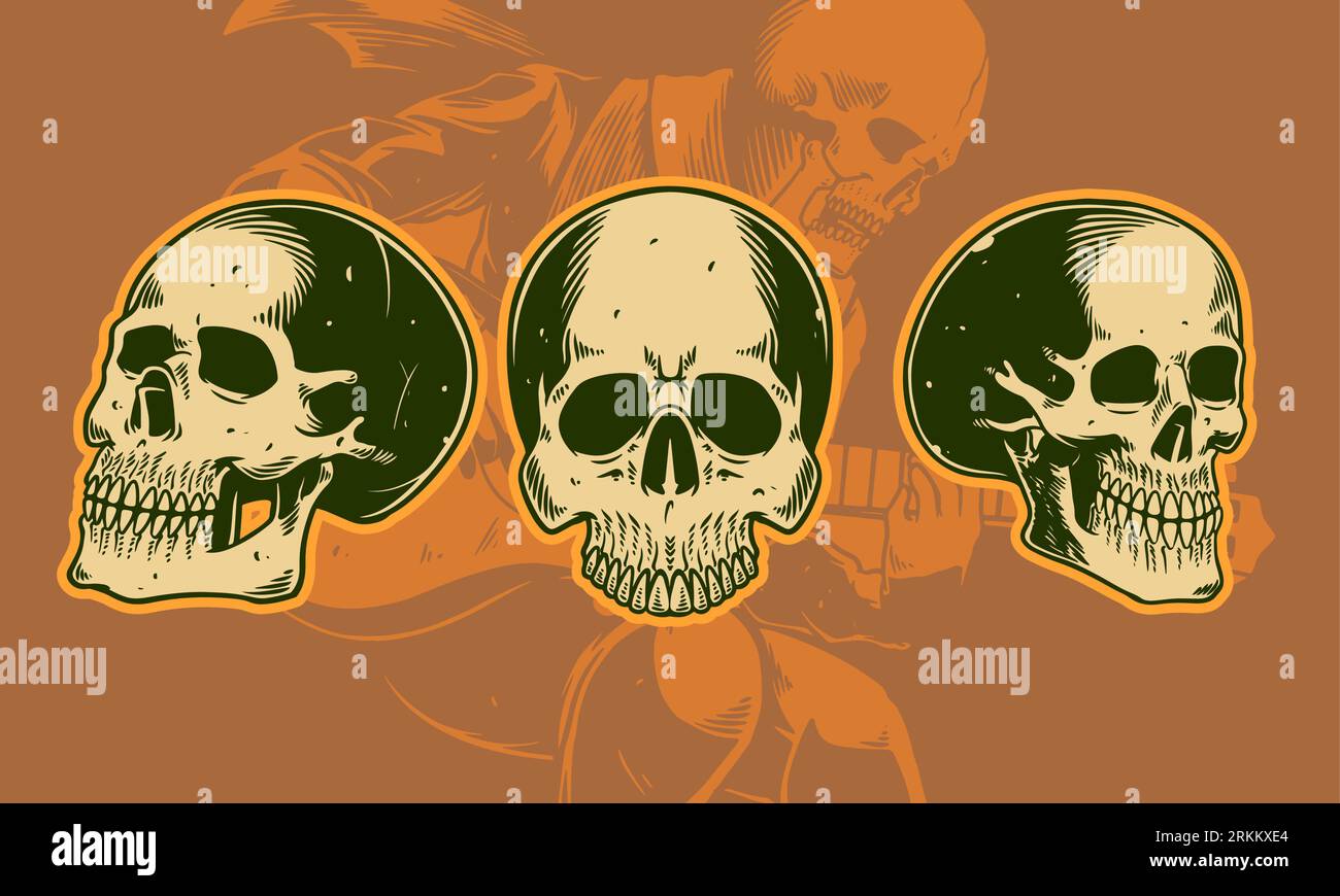 Anatomically correct human skulls set isolated. Happy Halloween cat t ...