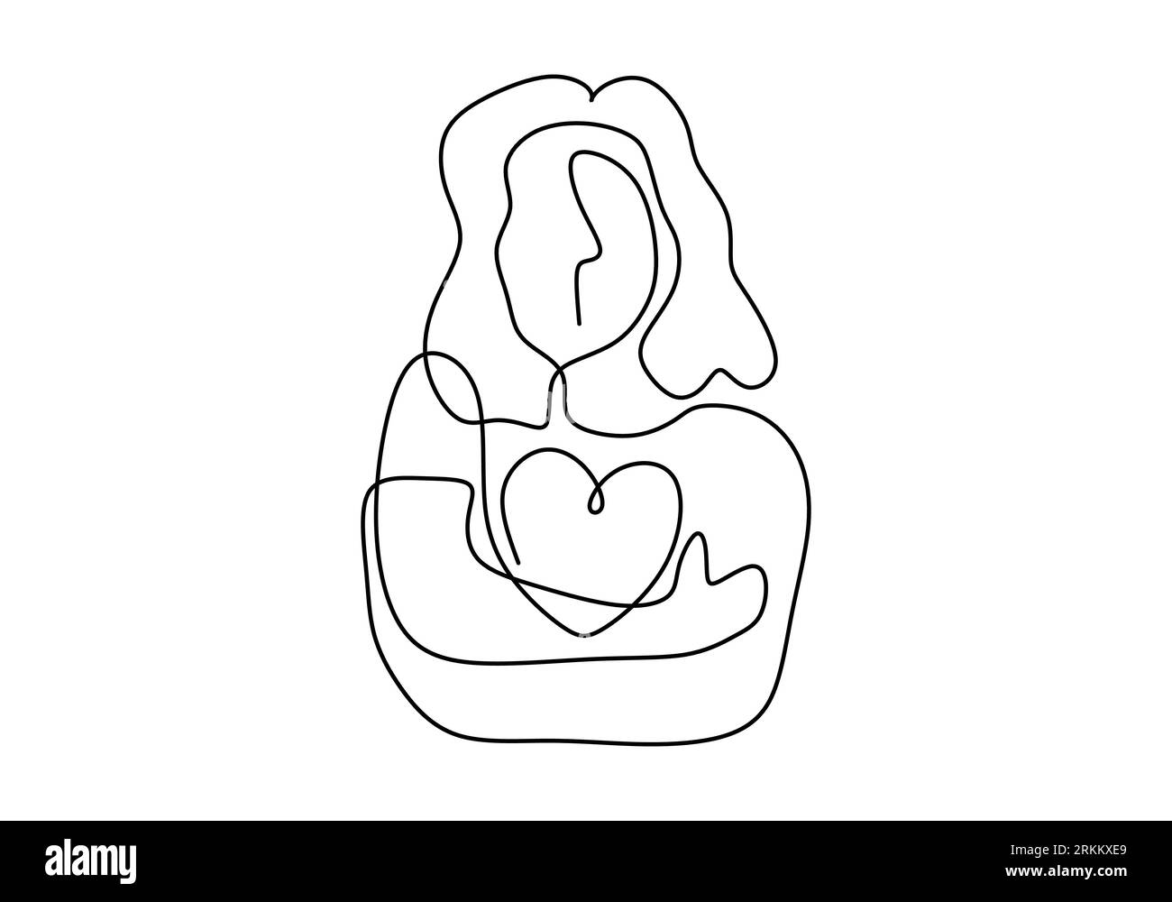 Continuous single line drawing of woman hug heart shaped object. Girl ...