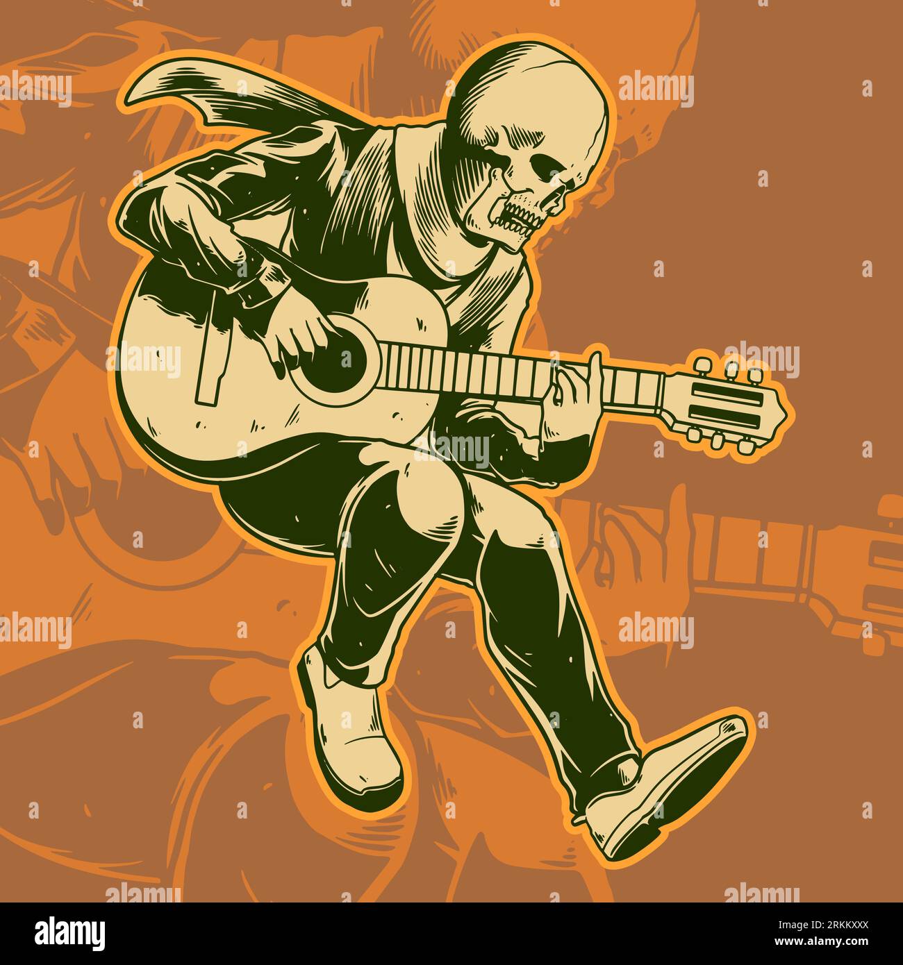 Skull and guitar and heavy metal illustration graphic. Scary skeleton ...