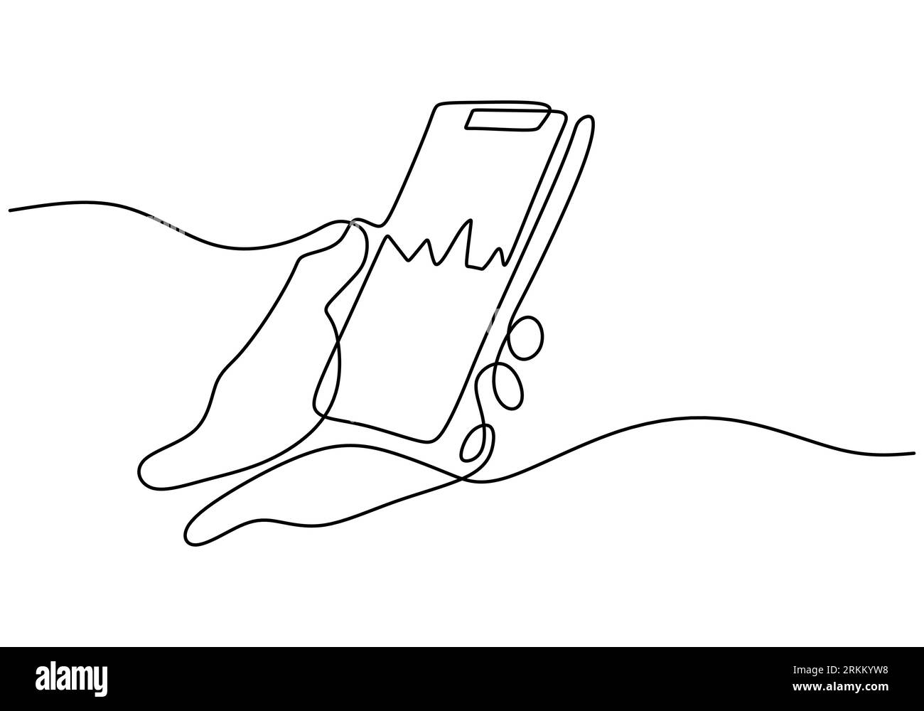 Continuous one line drawing of human hand holding a smartphone while ...