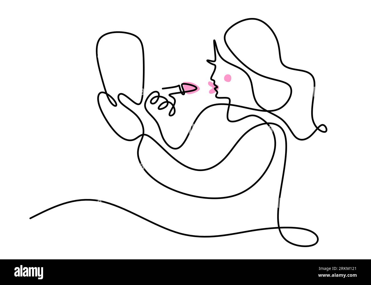 Continuous single line drawing of happy woman face using pink lipstick ...