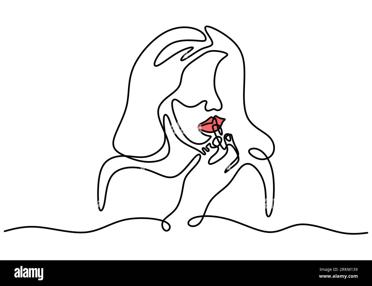 Continuous Single Line Drawing Of Long Haired Woman Using Red Lipstick