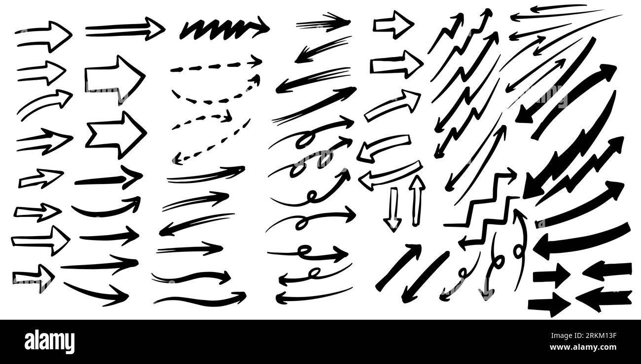 Set of vector curved arrows hand drawn. Sketch doodle style isolated on white background ...