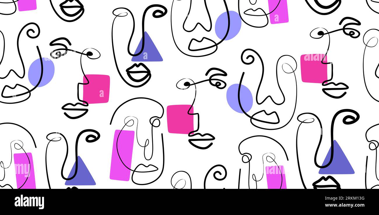 Abstract one line drawing face masks. Outline background with female ... Abstract one line drawing face masks. Outline background with female ...