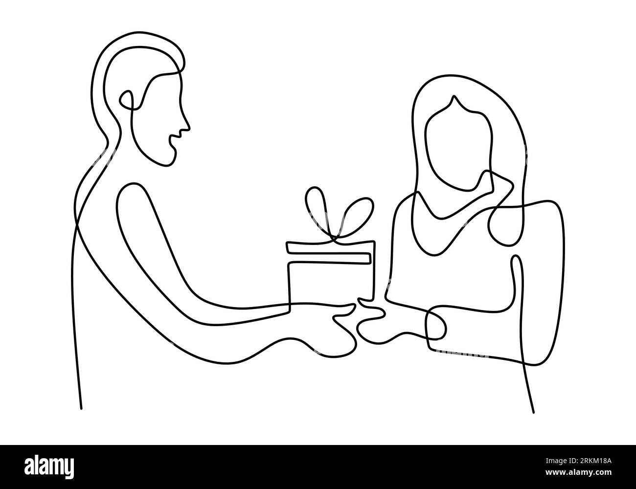 line drawing of man give a gift to woman. Present box concept of act of ...