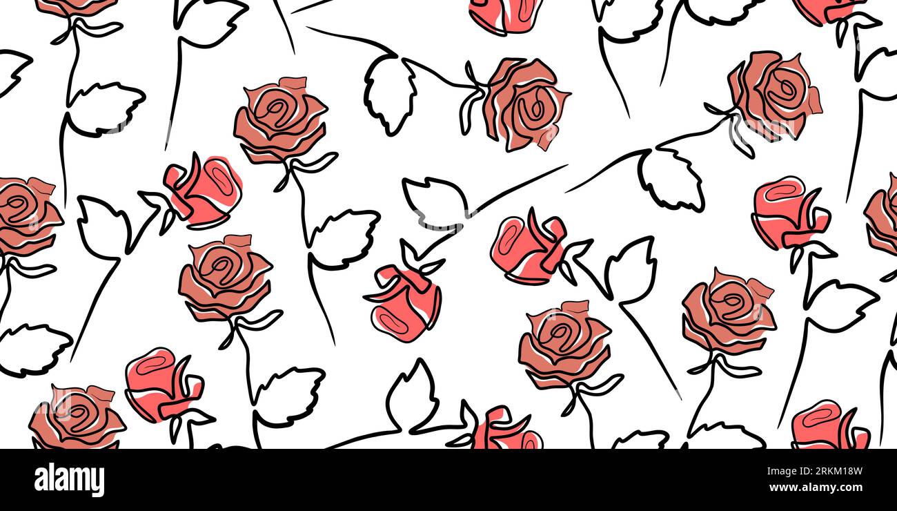 one line rose seamless pattern. Minimalist hand drawn flower vector ...
