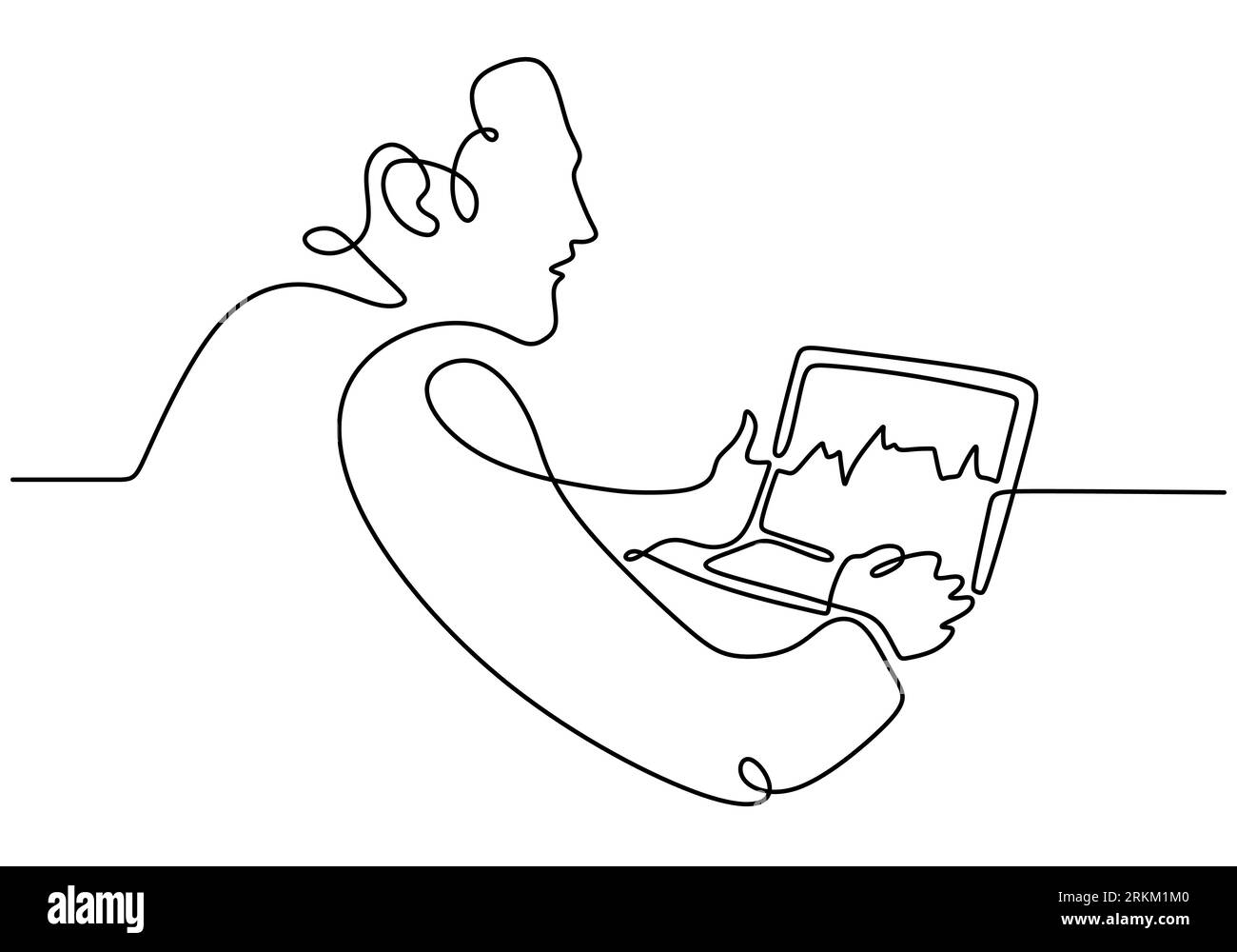 continuous line drawing of man sitting with laptop computer. Young ...