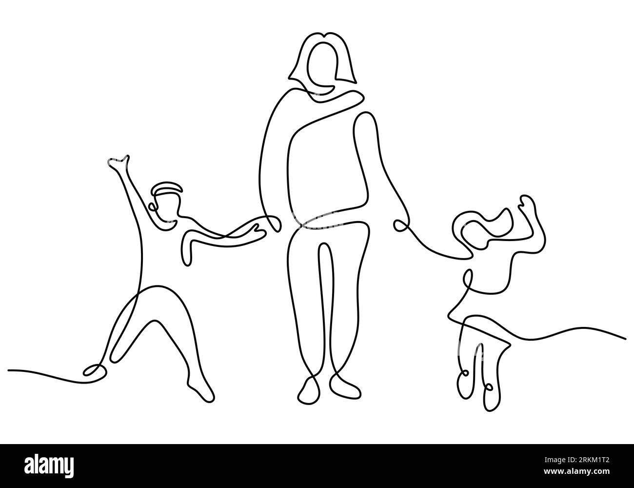 Happy mom with her two children in continuous line art drawing style ...