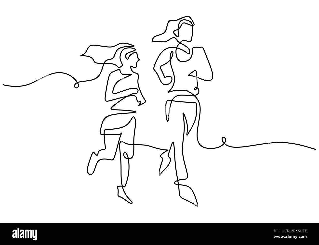 Continuous line drawing of young mother run together with her teenager ...