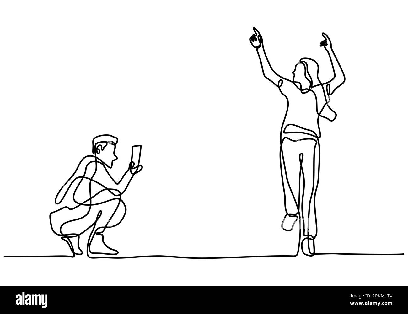 One continuous line drawing of man taking photo a woman with smartphone ...