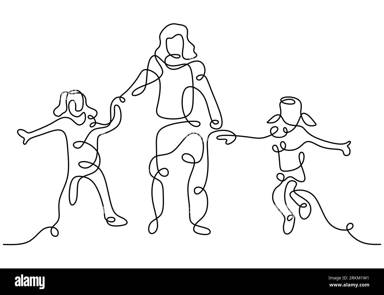 Happy mom with her two children in continuous line art drawing style ...