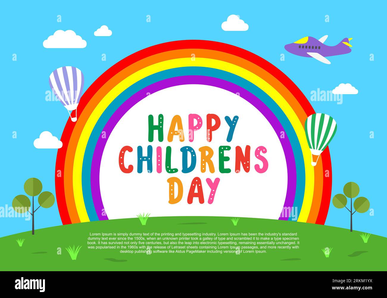 Happy children day background greeting card with rainbow, air balloons ...