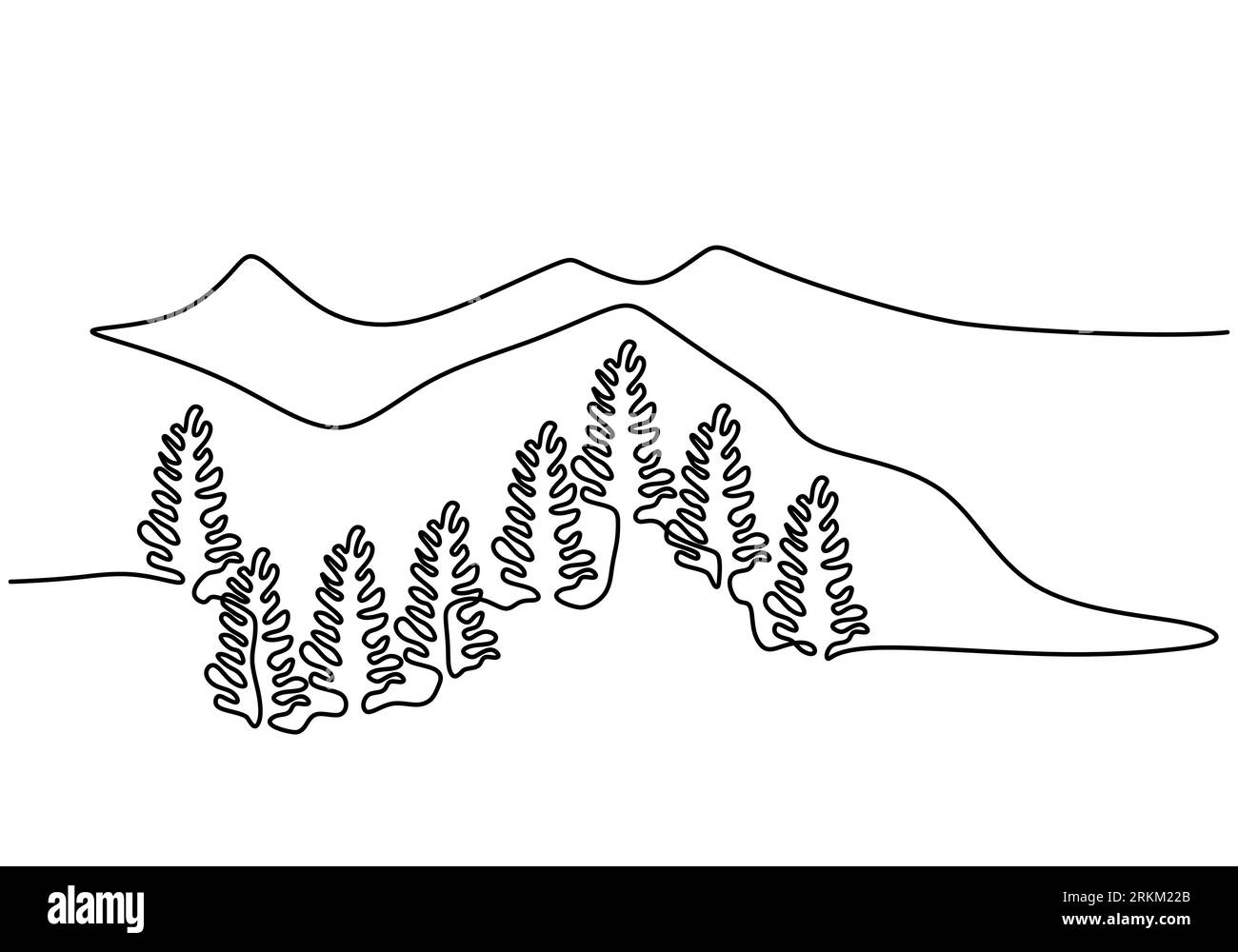 Mountain landscape, Forest theme. drawn in one line. Continuous line ...