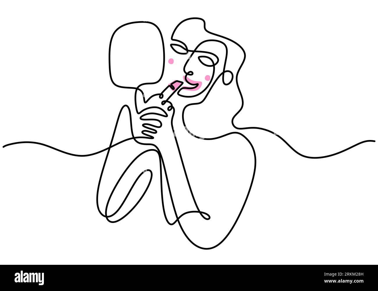 Continuous single line drawing of happy woman face using pink lipstick ...