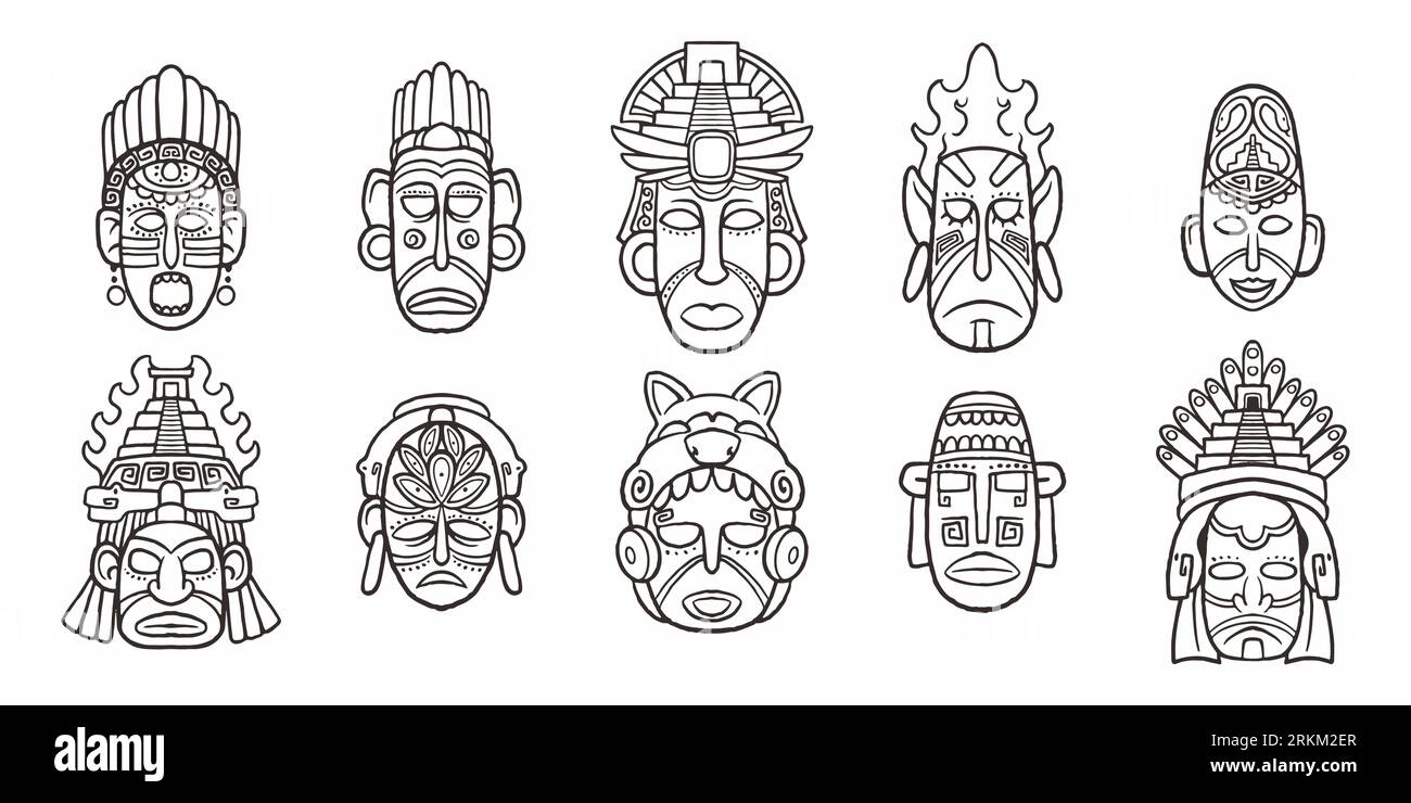 Set of hand drawn maya faces symbols isolated on white background Stock ...