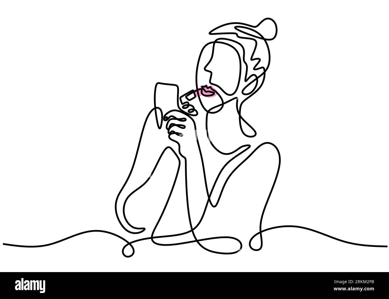 Continuous single line drawing of woman using lipstick on her lips in ...