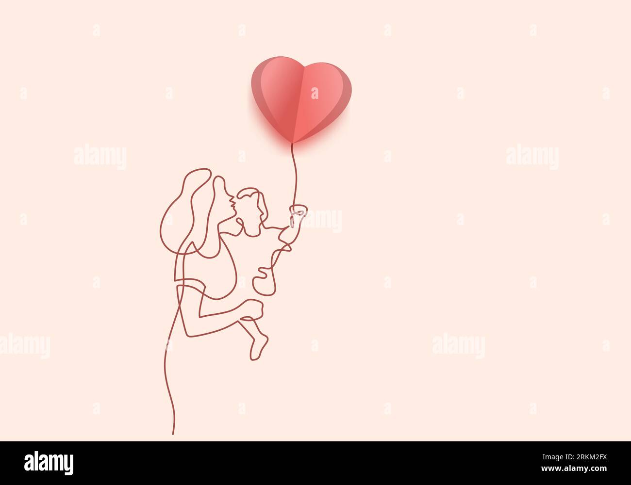 Continuous one line drawing of young mother hold her baby with pink air ...