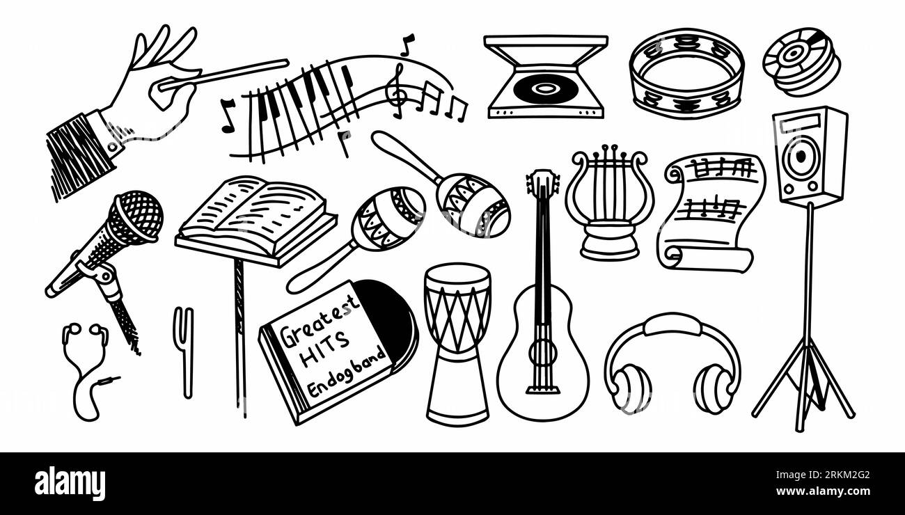 Set of classic music elements in childish doodle hand drawn style ...