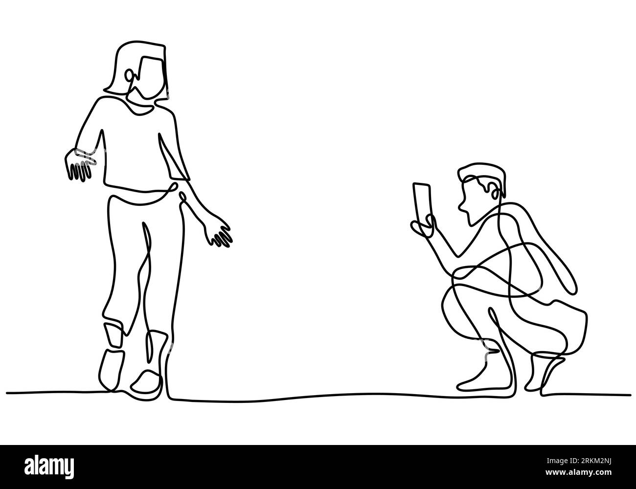 One continuous line drawing of man taking photo a woman with smartphone ...