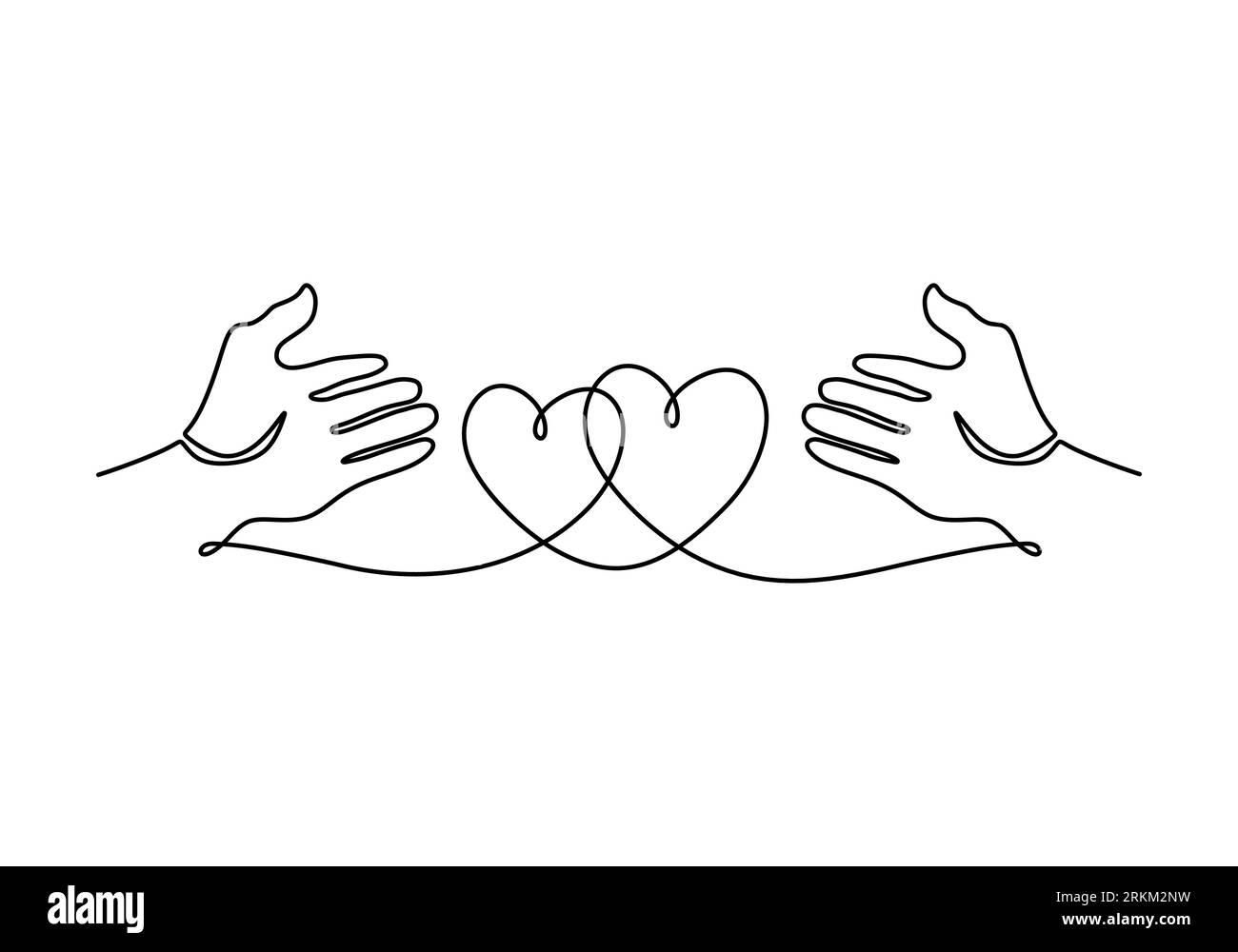 Continuous single line drawing of two opened hands with two hearts ...