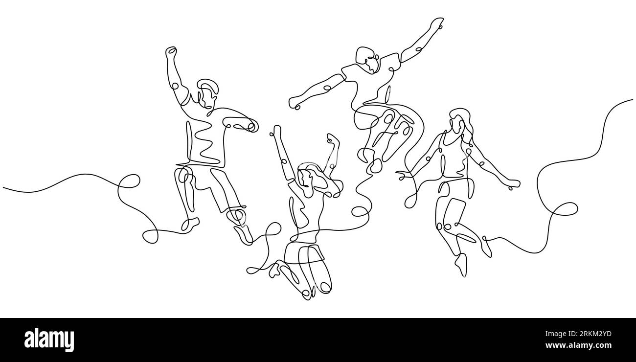 continuous line drawing of four jumping happy team members. One single ... continuous line drawing of four jumping happy team members. One single ...